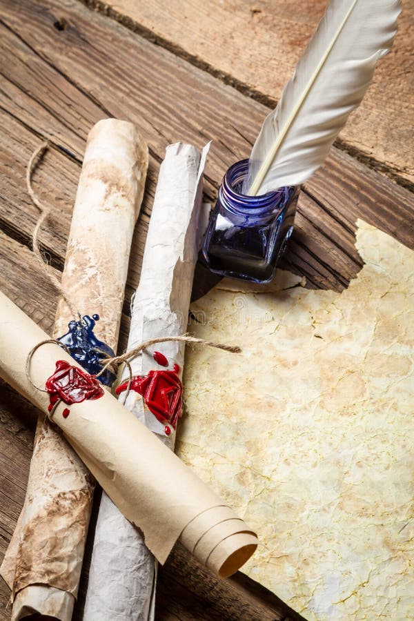 Ancient Scrolls Writing by Feather with Blue Ink Stock Image - Image of ...