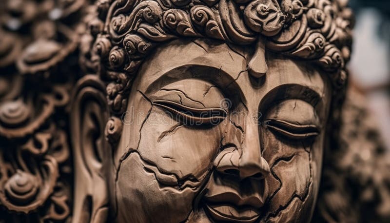 Ancient Sculpture of a Meditating Human Face in Tranquil Scene ...