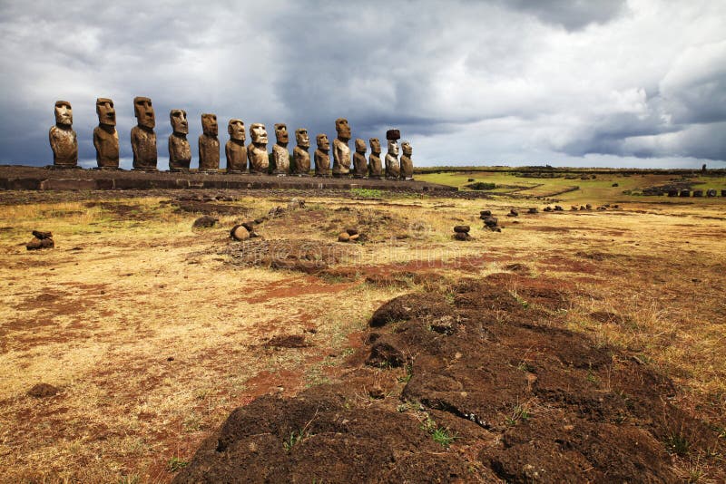 Ancient Sculptures on Eastern Island, Chile Stock Photo - Image of ...