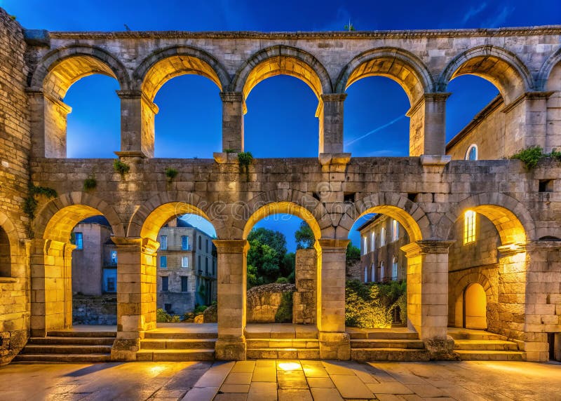 Ancient Semicircular Stone Wall with Arched Windows in Historic Split ...