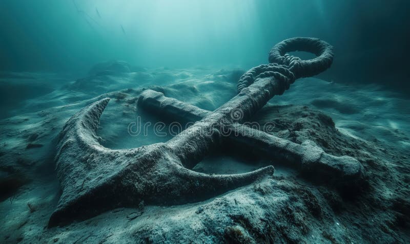 Ancient Ship Anchor Resting on Ocean Floor Surrounded by Marine Life ...