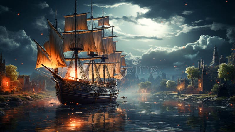 Ancient Ship Night Stars and Moon with Moonlit Night Stock Illustration ...