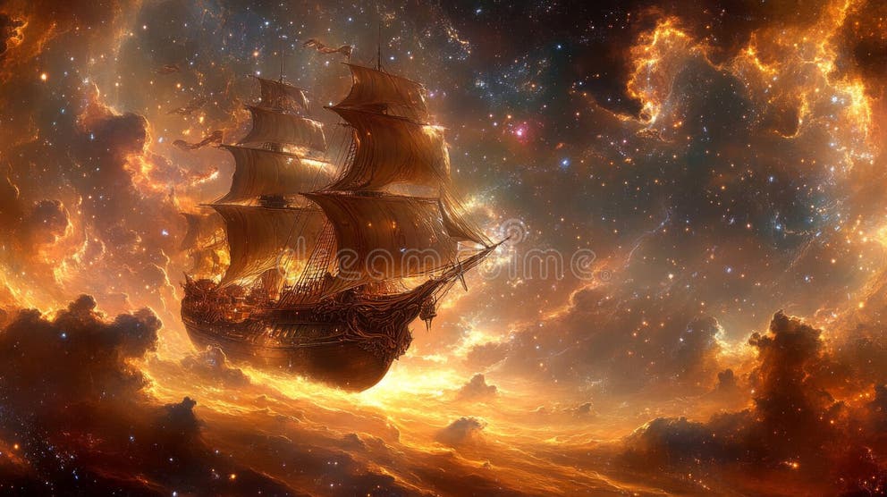 Ancient Ship Sailing through a Fiery Cosmic Nebula Stock Illustration ...