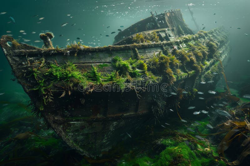 An Ancient Shipwreck Covered in Moss is Floating in the Water, an ...
