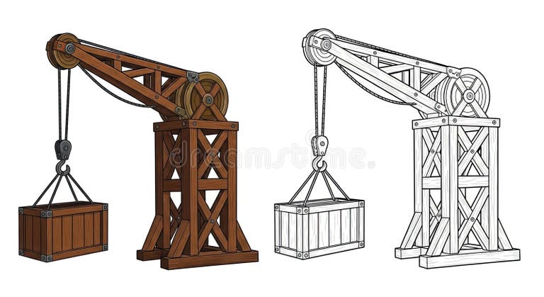 Ancient Siege Crane Coloring Page with Colored and Outline Engineering ...