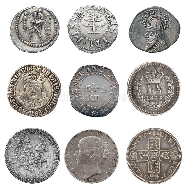 Ancient Silver Coin Collection Isolated on White Background Stock Image ...