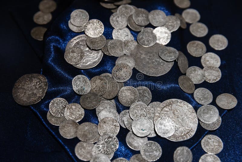 Ancient Silver Coins Lay on Deep Blue Silk, Close Up Stock Photo ...