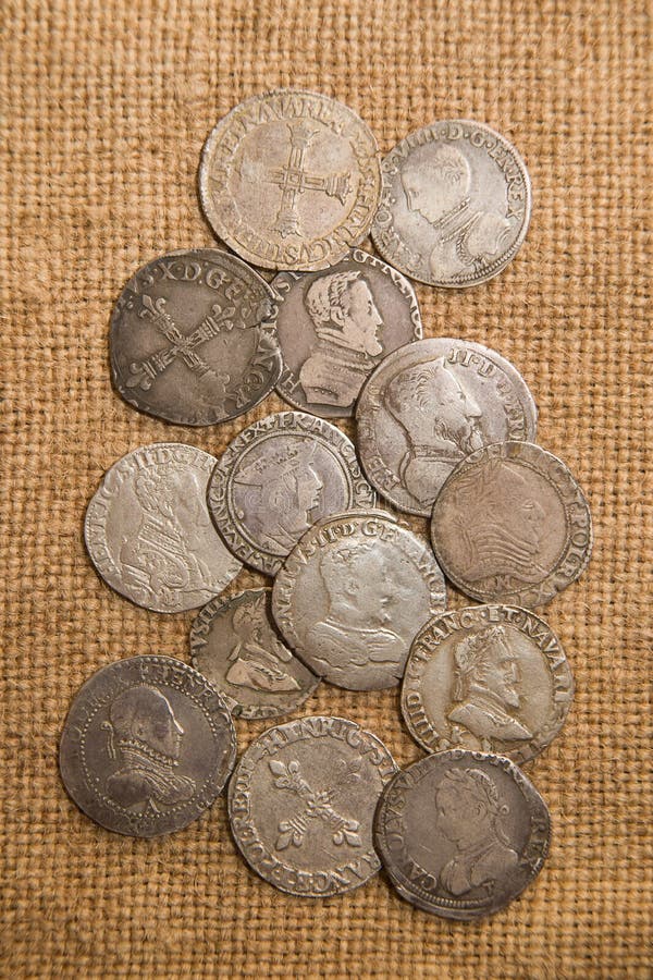 Ancient Silver Coins with Portraits of Kings on the Old Cloth Stock ...