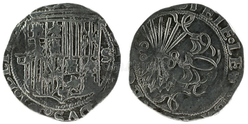 Ancient Spanish Silver Coin of Kings Fernando E Isabel Stock Photo ...