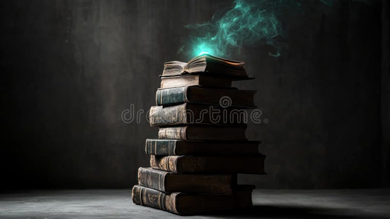 Ancient Spellbook on Stack of Books with Mysterious Glowing Magic and ...