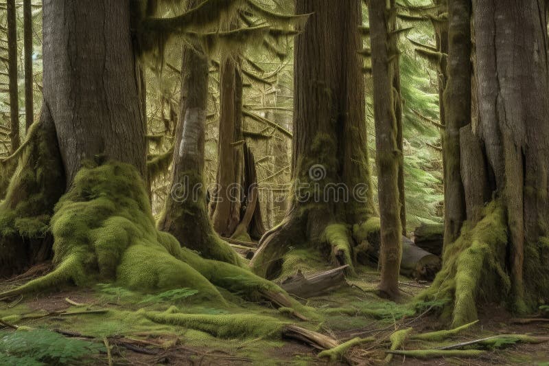 Ancient Spruce Forest with Towering Trees and Moss-covered Trunks Stock ... Ancient Spruce Forest with Towering Trees and Moss-covered Trunks Stock ...