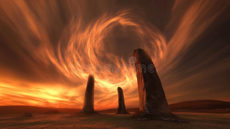 Ancient Standing Stones and a Whirlwind of Fire in the Sky Stock ...