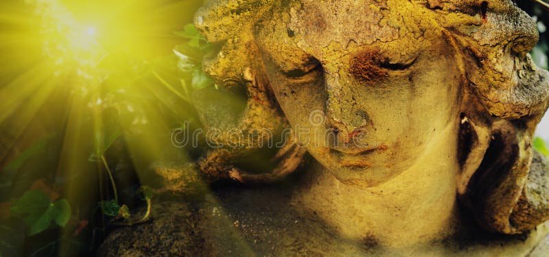 Ancient Statue of Angel in the Rays of the Sun. Horizontal Image Stock ...