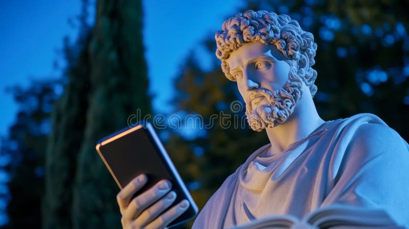 Ancient Statue Reads Book and Smartphone a Timeless Statue Embracing ...