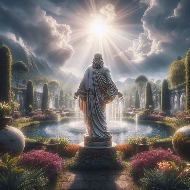 An Ancient Statue View from Back of Jesus Standing in a Beautiful ...