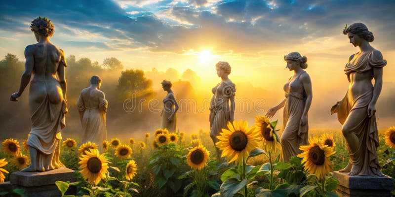 Ancient Statues Amidst a Sunlit Sunflower Field at Dawn. Generative AI ...