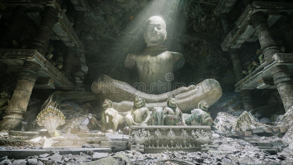 Ancient Statues with Light Ray in the Cave, 3d Render Stock ...