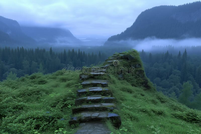 Ancient Steps on Top of a Hill in a Wooded Valley Stock Illustration ...