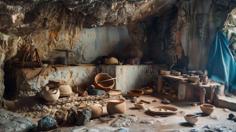 An Ancient Stone Age Cave with Prehistoric Tools and Artwork ...