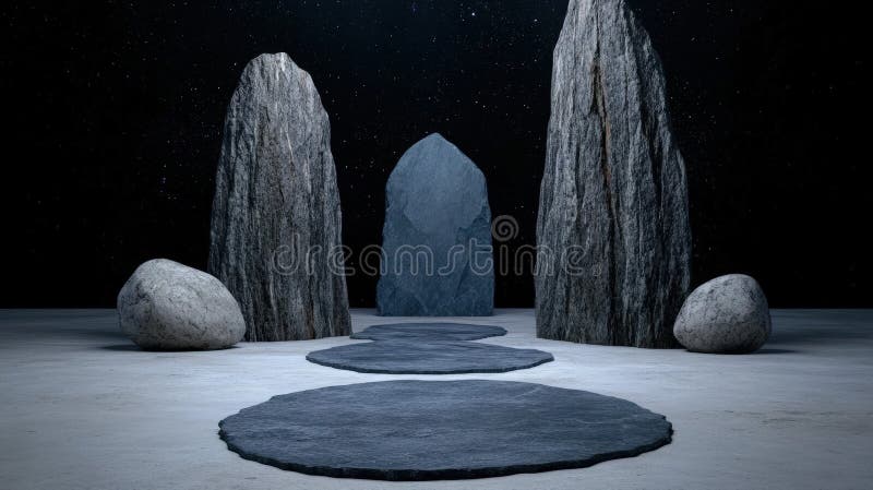 Ancient Stone Altar with Circular Paths Surrounded by Large Rocks Dark ...