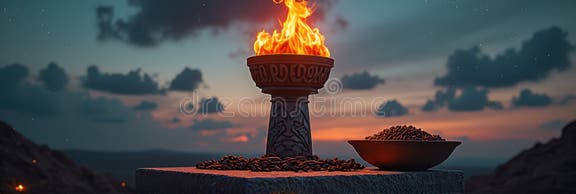 Ancient Stone Altar with Flaming Torch and Bowl at Sunset Stock Image ...