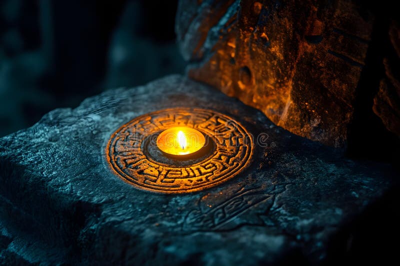 Ancient Stone Altar with Glowing Candle in Mysterious Cave Setting ...