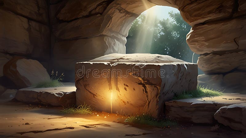 Ancient Stone Altar Illuminated by Sunlight in a Serene Cave Setting ...