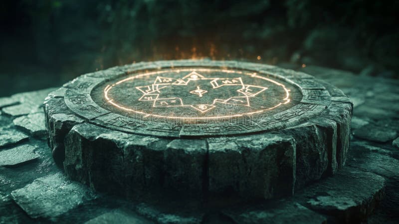 Ancient Stone Altar with Mystical Glowing Symbols in a Dark Environment ...