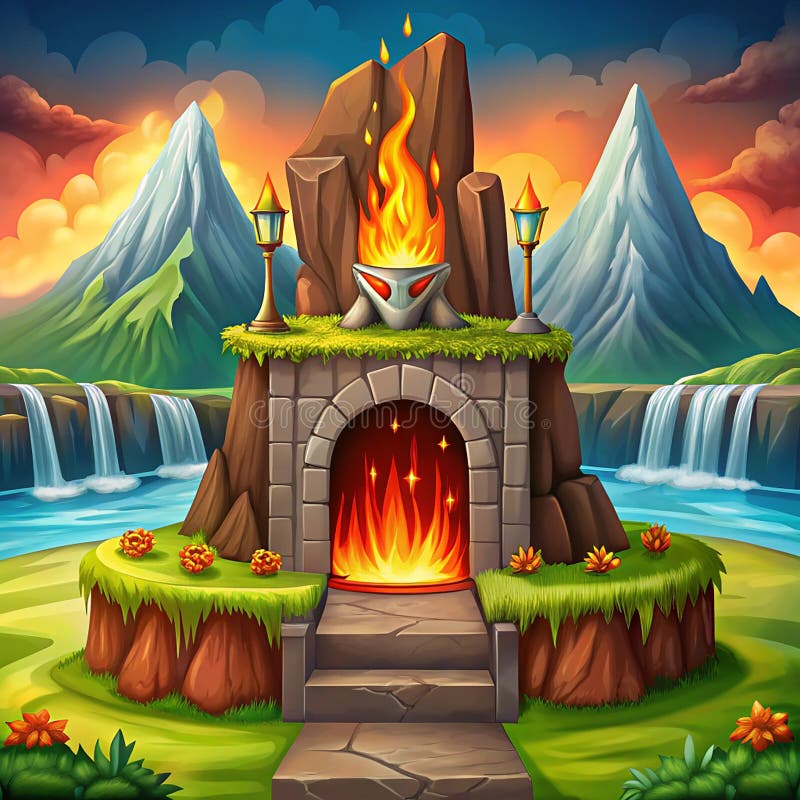 Ancient Stone Altar with Water and Lava Flows Stock Illustration ...