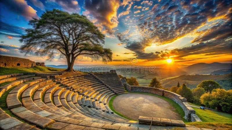 Ancient Stone Amphitheater at Sunset with Majestic Tree. Generative AI ...