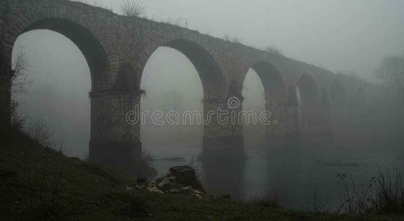 Ancient Stone Arch Bridge in Foggy River Landscape Stock Illustration ...