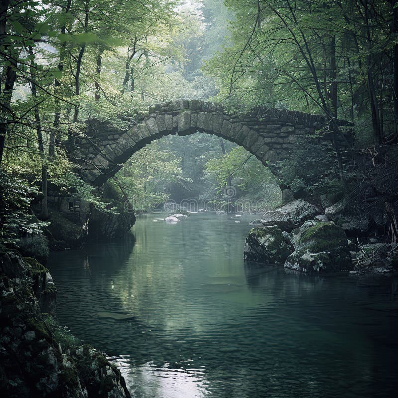 Ancient Stone Arch Bridge Over Calm River in Misty Forest Stock ...