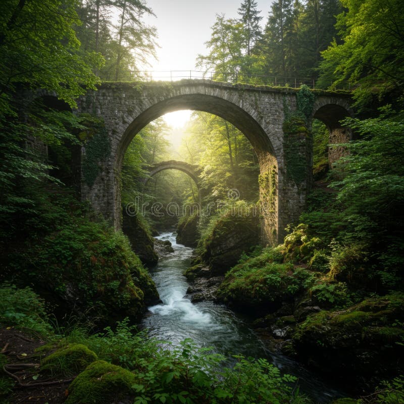 Ancient Stone Arch Bridge Over Lush River in Forest Stock Photo - Image ...