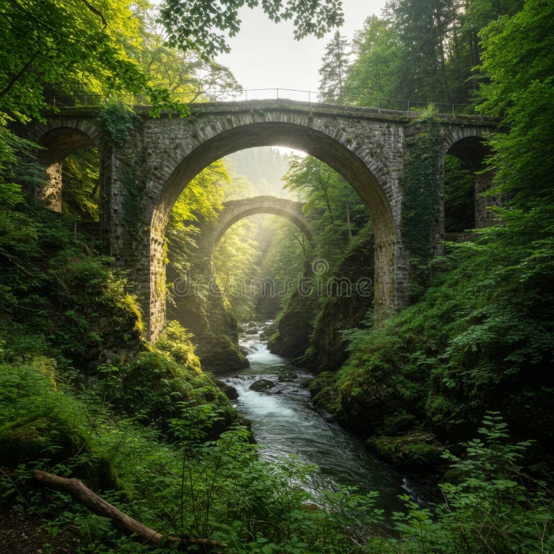 Ancient Stone Arch Bridge Over a River in a Lush Forest Stock ...