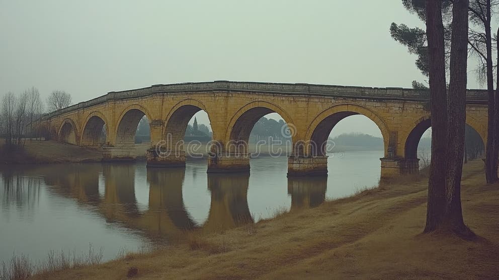 Ancient Stone Bridge Over River Stock Illustration - Illustration of ...