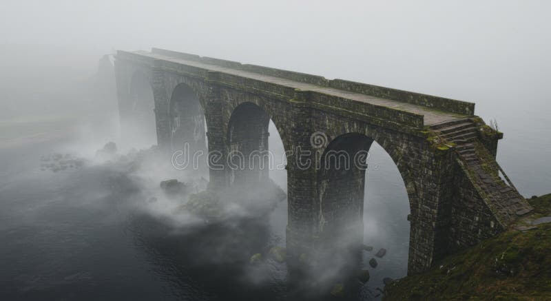 Ancient Stone Arch Bridge Shrouded in Fog Stock Illustration ...