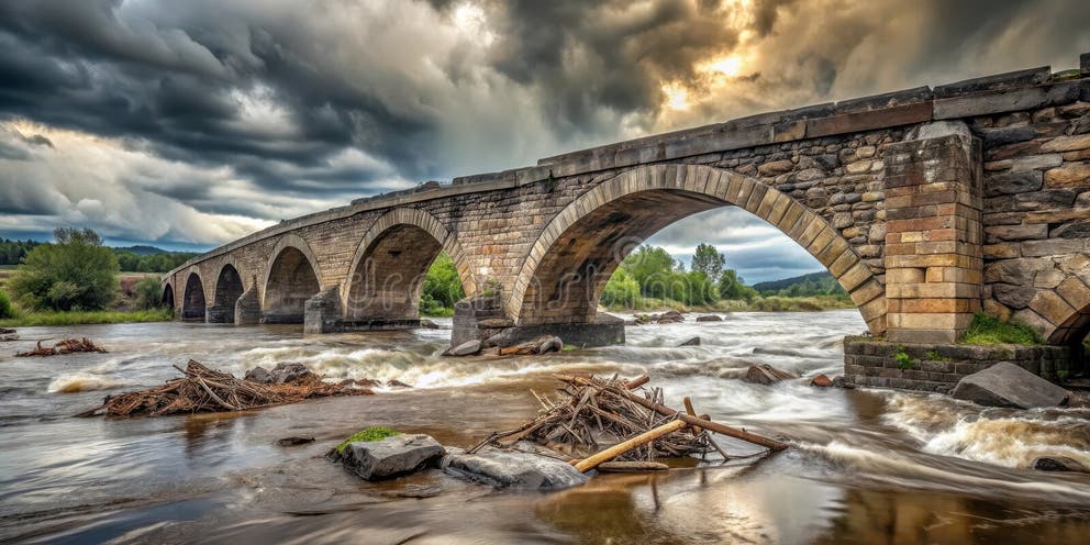 Ancient Stone Arch Bridge Spanning a Fast-moving River Under a Dramatic ...