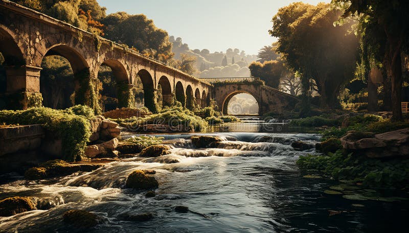 Ancient Stone Arch Bridges Nature Flowing Water in Tranquil Landscape ...