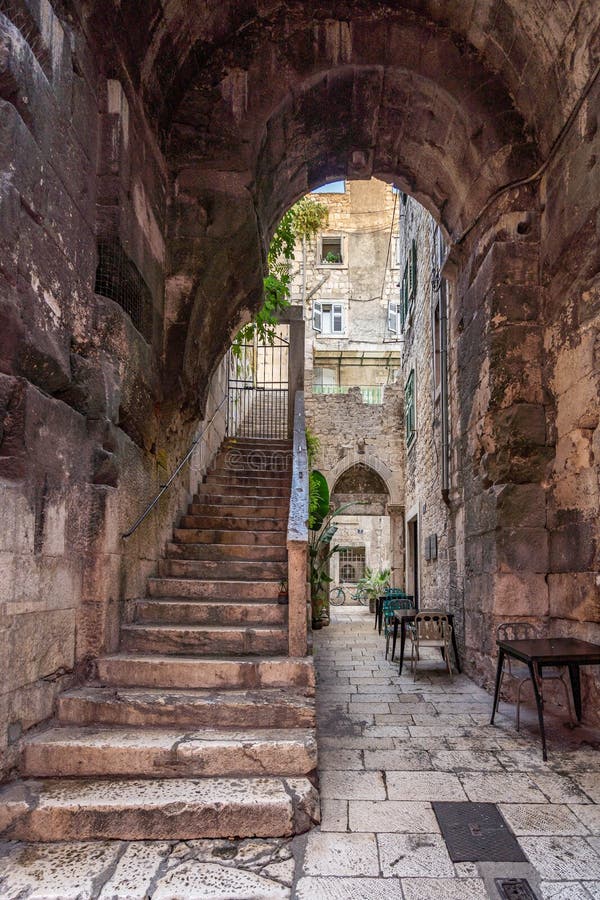 Ancient Stone Arch Passage with Steps in Old Town Split in Croatia ...