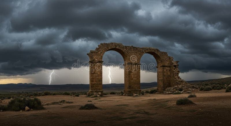 Ancient Stone Arch Ruins Under a Dramatic Stormy Sky Stock Illustration ...