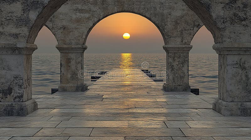 Ancient Stone Arches Frame a Sunrise Over the Sea Stock Image - Image ...