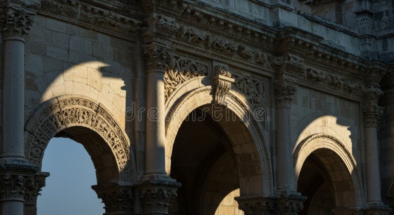 Ancient Stone Arches with Intricate Carvings and Shadows Stock Illustration - Illustration of ...