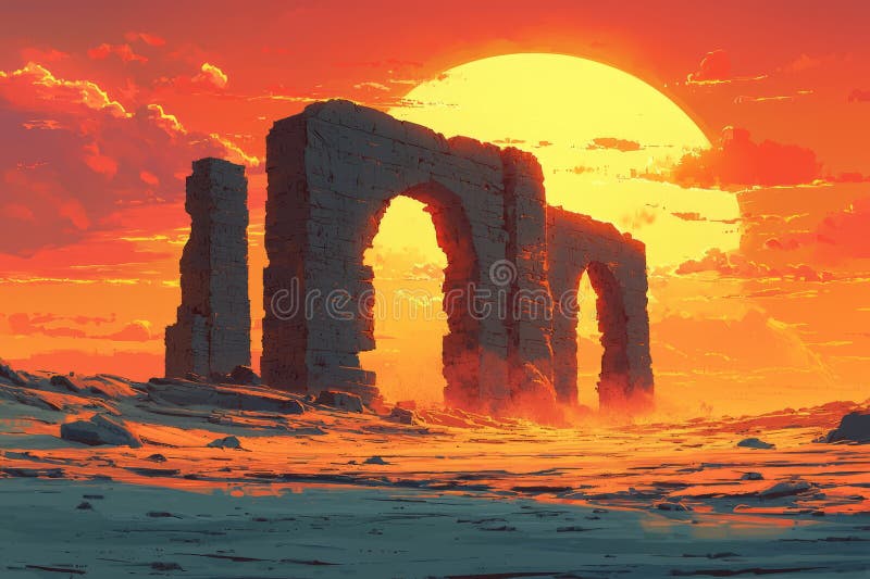 Ancient Stone Arches Rise Above Golden Dunes at Sunset Stock Photo ...