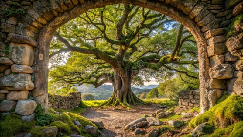 Ancient Stone Archway Framing a Majestic, Moss-covered Tree in a Serene ...