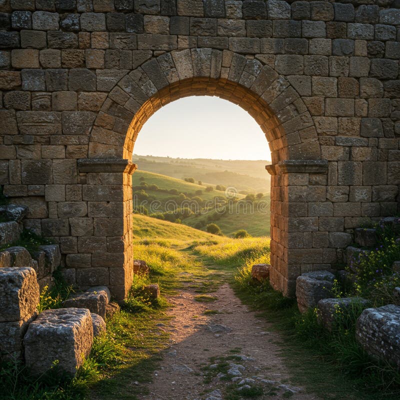 Ancient Stone Archway Leading To a Sunlit, Rolling Landscape. the Arch ...