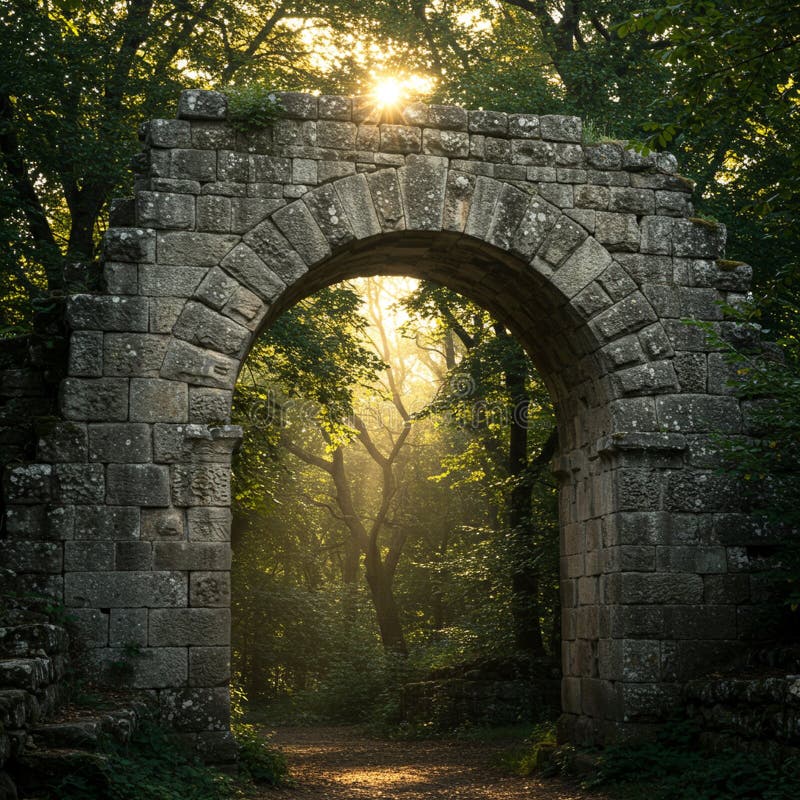 Ancient Stone Archway in a Lush Forest Setting, with Sunlight Streaming ...