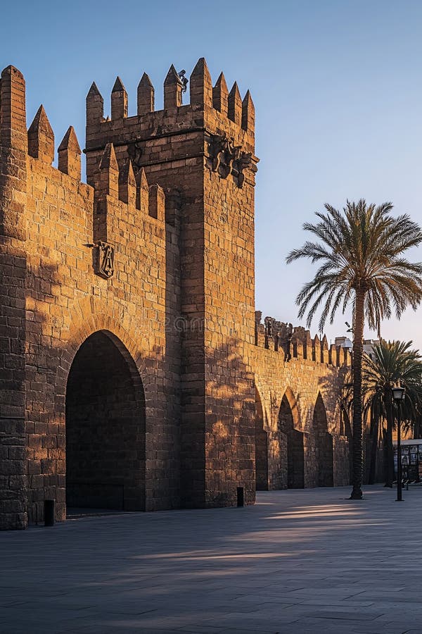 Ancient Stone Archway Wall at Sunrise, Golden Hour High Quality Image Stock Illustration ...