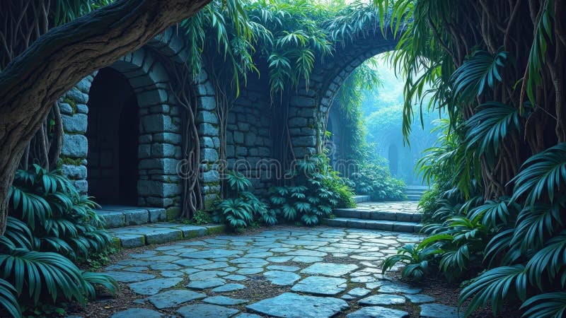 Ancient Stone Archways Overgrown Lush Greenery Serene Forest Setting Stock Photos - Free ...