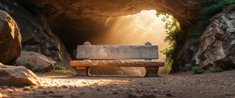 Ancient Stone Bench in a Sunlit Cave Opening Stock Image - Image of ...