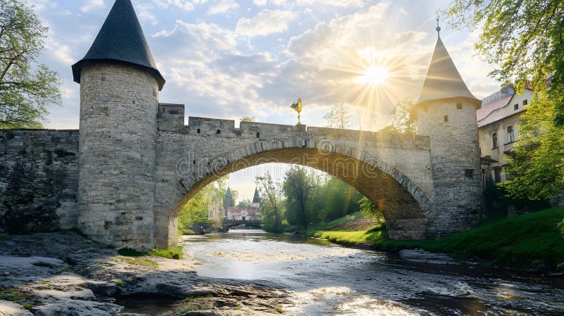 Ancient Stone Bridge Arching Over River at Sunset Royalty Free Image ...